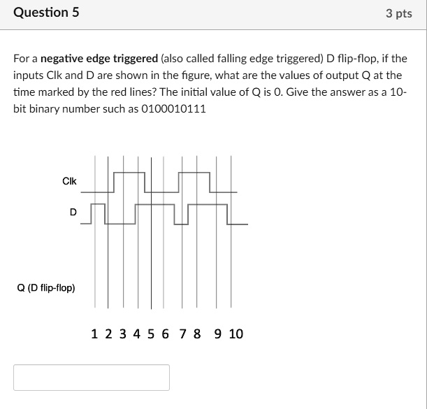 Question 5 3 pts For a negative edge triggered (also called falling edge triggered)D flip-flop ...