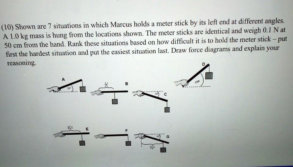 SOLVED: (10) Shown are situations in which Marcus holds a meter stick ...