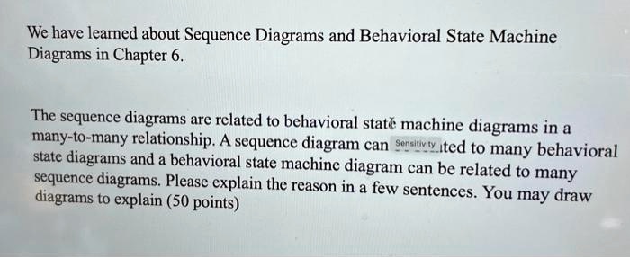 SOLVED: We have learned about Sequence Diagrams and Behavioral State Machine Diagrams in Chapter ...