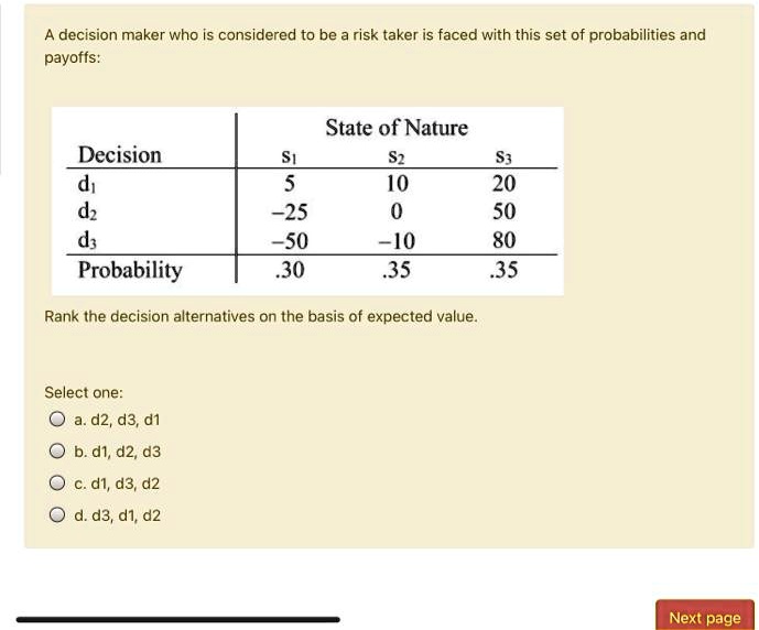 A decision maker who is considered to be a risk taker is faced with ...