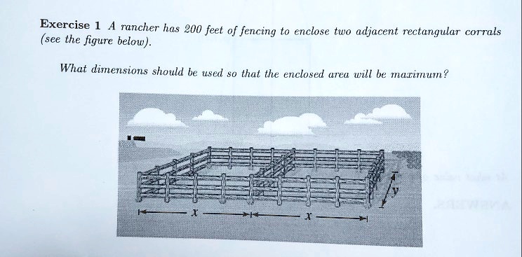 SOLVED: A rancher has 200 feet of fencing to enclose two adjacent ... SOLVED: A rancher has 200 feet of fencing to enclose two adjacent ...