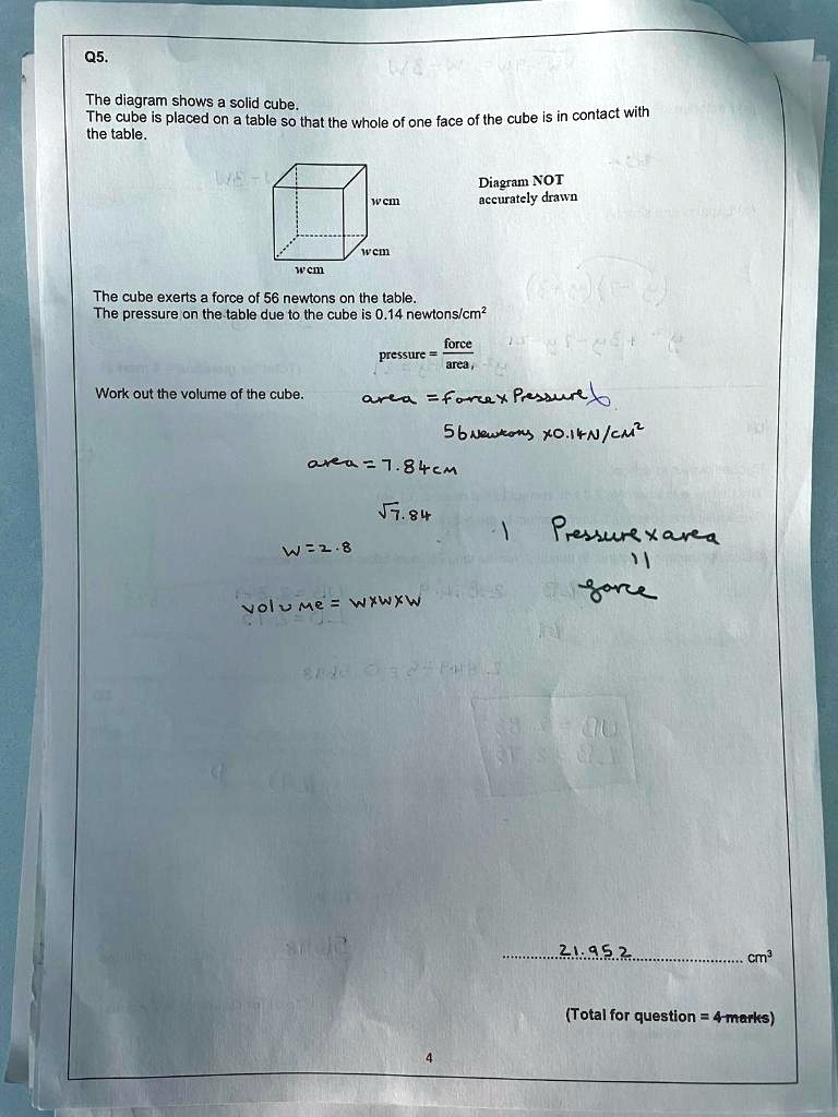 SOLVED: The diagram shows a solid cube on the table. Diagram NOT accurately drawn. vcm wem The ...