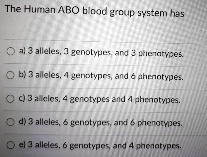 the human abo blood group system has a 3 alleles 3 genotypes and 3 ...