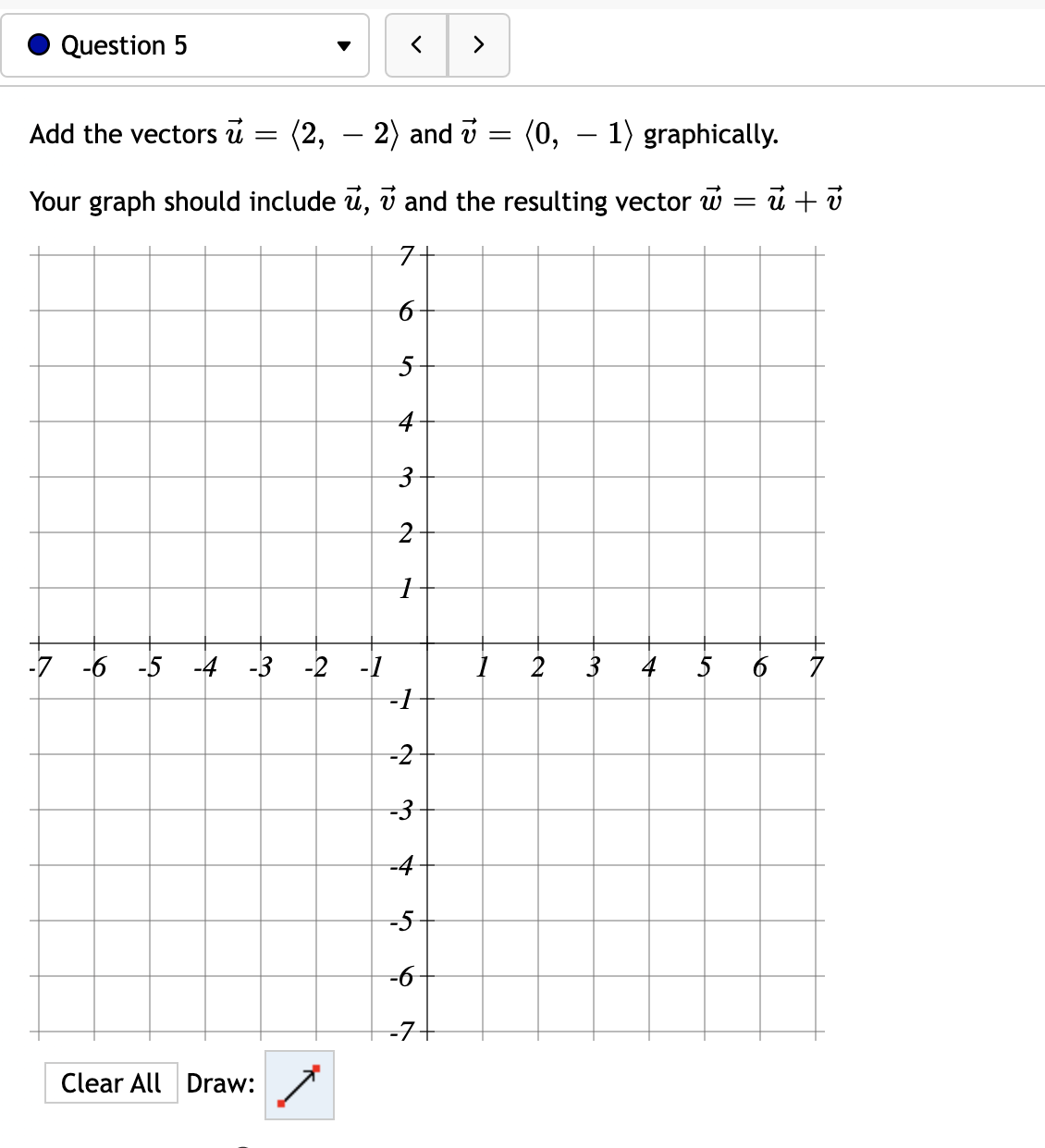 SOLVED: Question 5 Add the vectors u⃗= 2,-2 and v⃗= 0,-1 graphically ...
