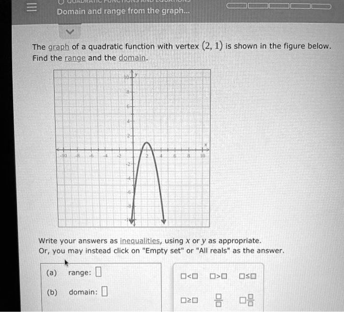 SOLVED:1 Domain and range froni the graph The graph of a quadratic ...