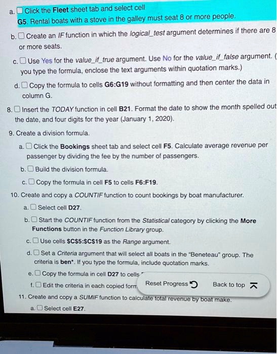 a. Click the Fleet sheet tab and select cell G5. Rental boats with a stove in the galley must ...