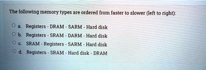 SOLVED: The following memory types are ordered from faster to slower (left to right): a ...