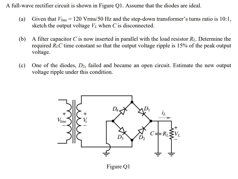SOLVED: A full-wave rectifier circuit is shown in Figure Q1. Assume that the diodes are ideal ...