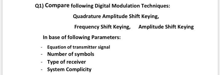 Q1) Compare following Digital Modulation Techniques: Quadrature ...