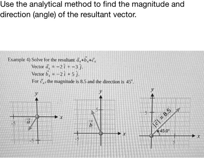 Use the analytical method to find the magnitude and direction (angle) of the resultant vector ...