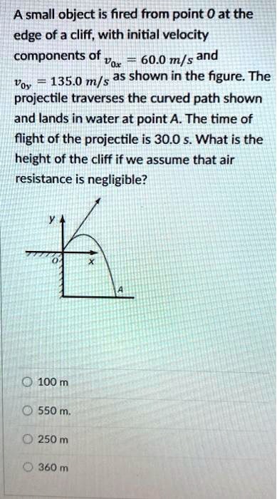 SOLVED: A small object is fired from point 0 at the edge of a cliff, with initial velocity ...