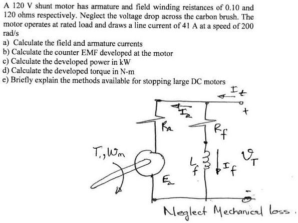 A 120 V shunt motor has armature and field winding resistances of 0.10 ...