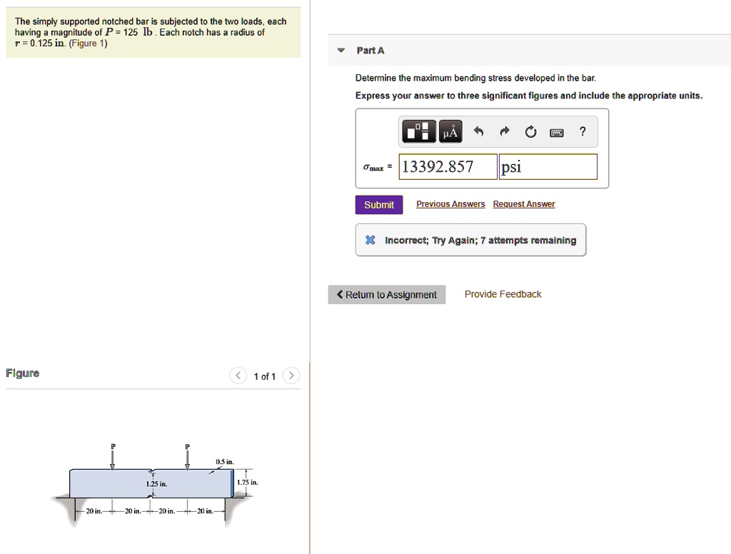 The simply supported notched bar is subjected to the two loads, each ...