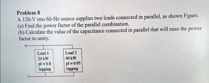 SOLVED: Problem8 A 120-V rms 60-Hz source supplies two loads connected in parallel, as shown ...