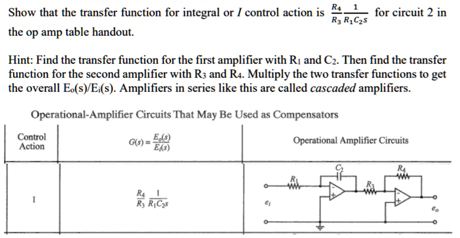 Show that the transfer function for integral or I control action is (R4)/(R3) (1)/(R1 C2 s) for ...