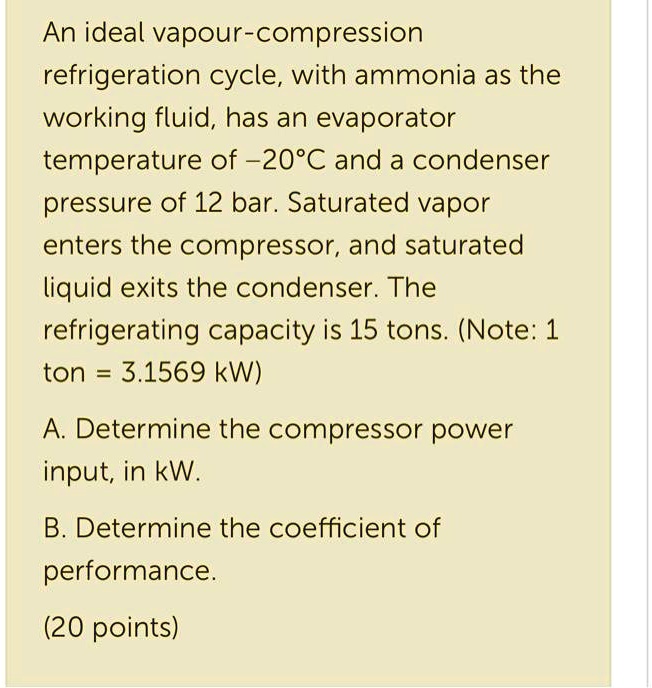 SOLVED: An ideal vapor-compression refrigeration cycle, with ammonia as the working fluid, has ...