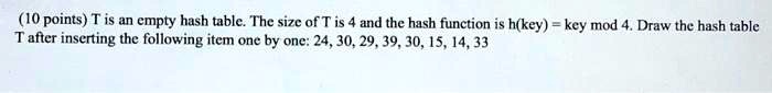 SOLVED: Draw a hash table. (10 points) Tis empty hash table The size of Tis and the hash ...