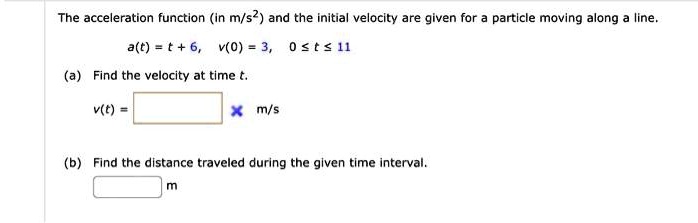 The acceleration function (in m/s²) and the initial velocity are given for a particle moving ...