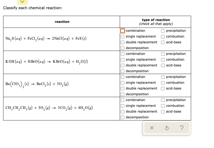 Solved Classify Each Chemical Reaction Type Of Reaction Check All