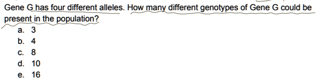 SOLVED: Gene Ghas four different alleles How many different genotypes ...