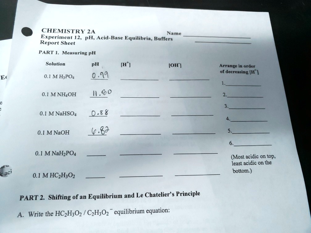chemistry 2a name experiment 12 ph acid base equilibria buffers report sheet part 1 measuring ph ...