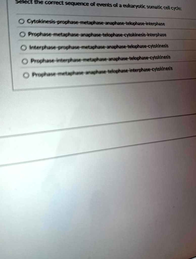 Select the correct sequence of events of a eukaryotic somatic cell cycle: ? Cytokinesis-prophase ...