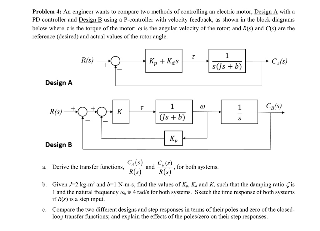 An engineer wants to compare two methods of controlling an electric motor, Design A with a PD ...