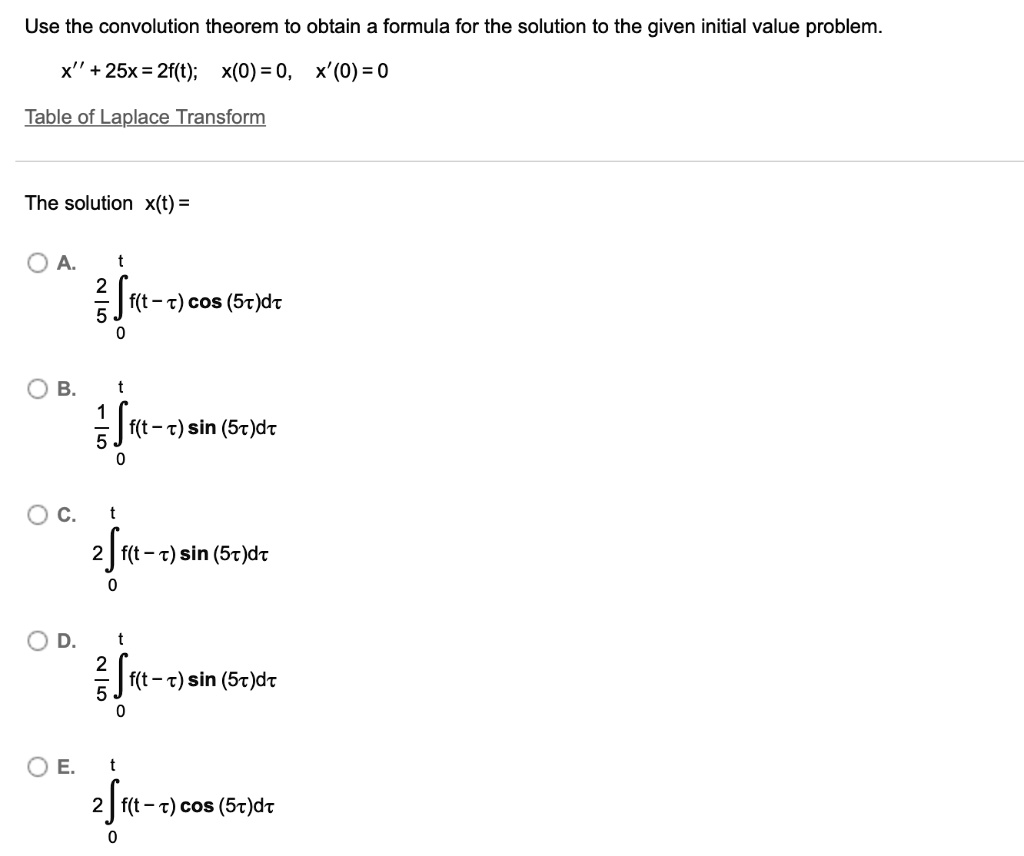 SOLVED: Use the convolution theorem to obtain a formula for the solution to the given initial ...