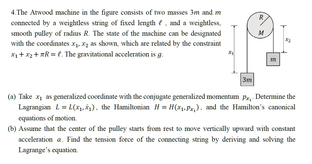 4. The Atwood machine in the figure consists of two masses 3m and m connected by a weightless ...