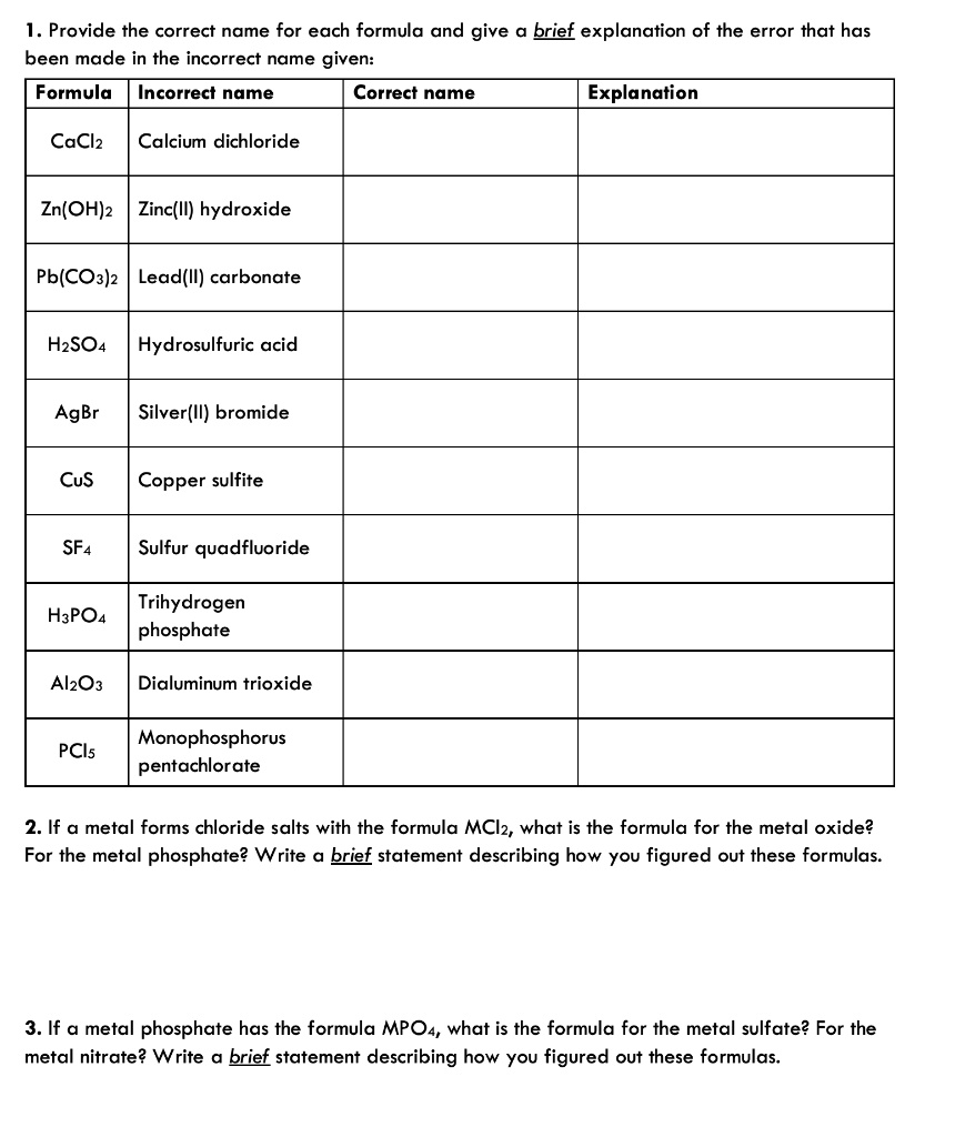 1. Provide the correct name for each formula and give a brief ...