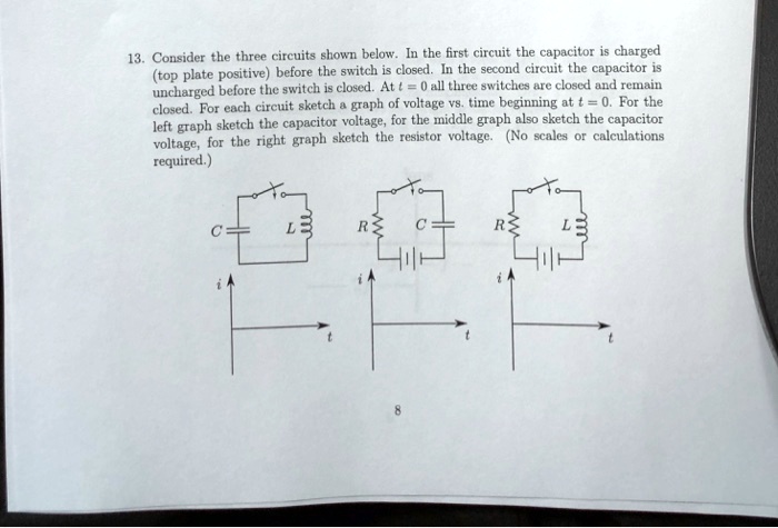 13. Consider the three circuits shown below. In the first circuit the capacitor is charged (top ...