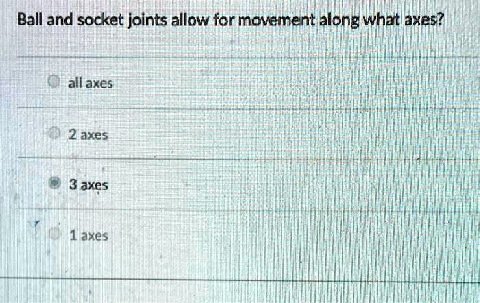 SOLVED: Ball and socket joints allow for movement along what axes? all ...