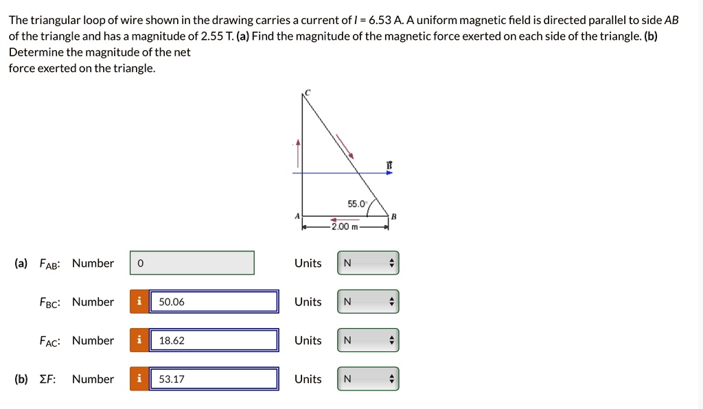 the triangular loop of wire shown in the drawing carries a current of i 653 a a uniform magnetic ...