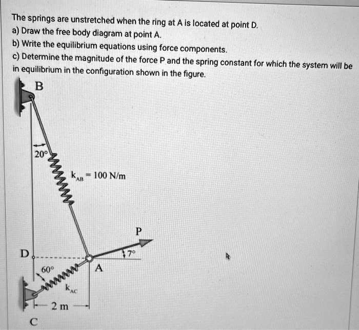 SOLVED: The springs are unstretched when the ring at A is located at point D. a) Draw the free ...