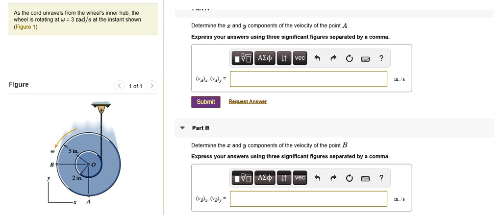 SOLVED: As the cord unravels from the wheel's inner hub, the wheel is rotating at = 3 rad/s at ...
