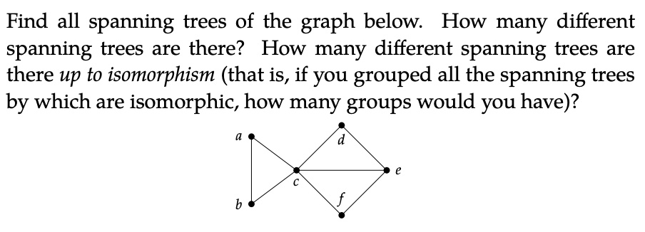SOLVED: Find all spanning trees of the graph below. How many different spanning trees are there ...