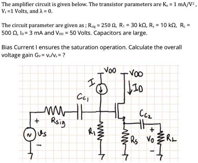 the amplifier circuit is given below the transistor parameters are kn 1 mav v 1volts and a 0 the ...