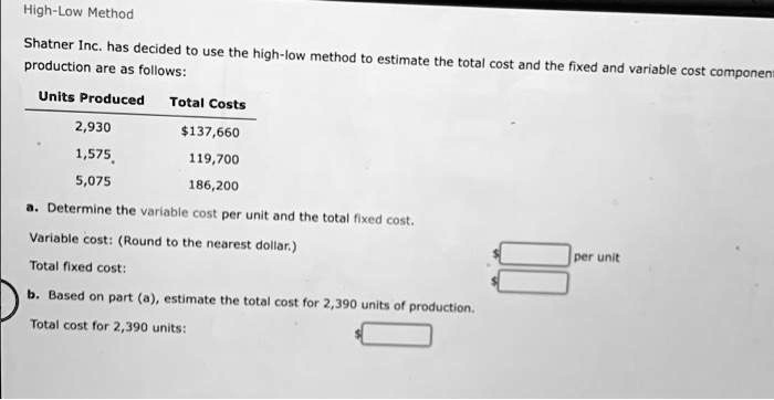 SOLVED: High-Low Method: Shatner Inc. has decided to use the high-low method to estimate the ...