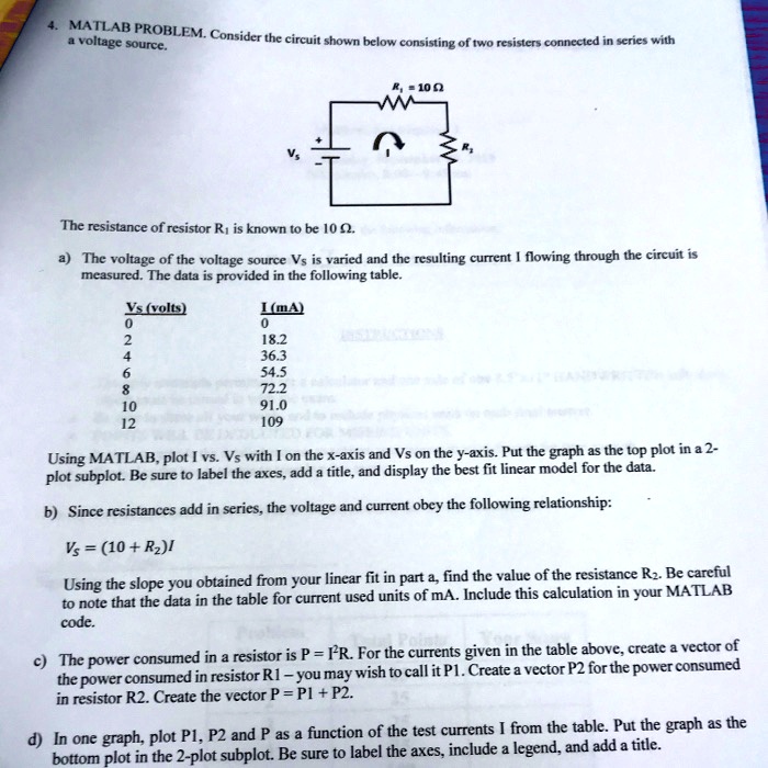 4. MATLAB PROBLEM. Consider the circuit shown below consisting of two resisters connected in ...