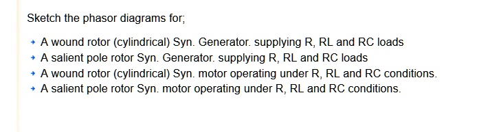 Sketch the phasor diagrams for; + A wound rotor (cylindrical) Syn ...