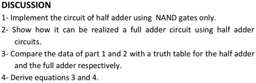 SOLVED: DISCUSSION 1- Implement the circuit of a half adder using NAND ...