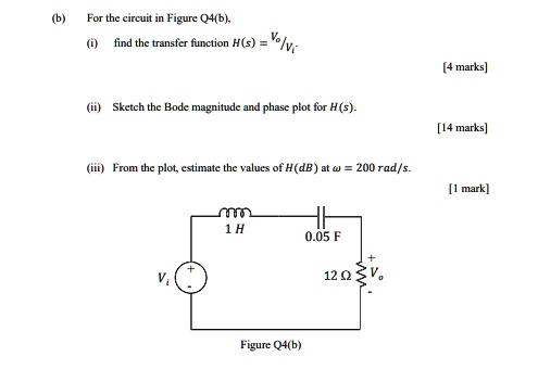 SOLVED: For the circuit in Figure Q4(b): (i) Find the transfer function H(s) = V/v. [4 marks ...