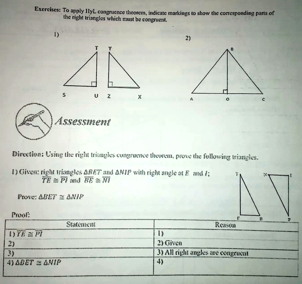 SOLVED: Exercises: To apply the congruence theorem, indicate markings to show the corresponding ...