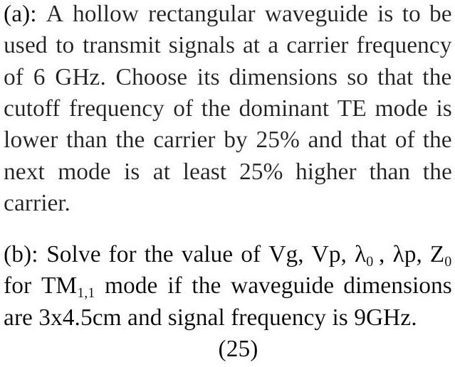 (a): A hollow rectangular waveguide is to be used to transmit signals ...