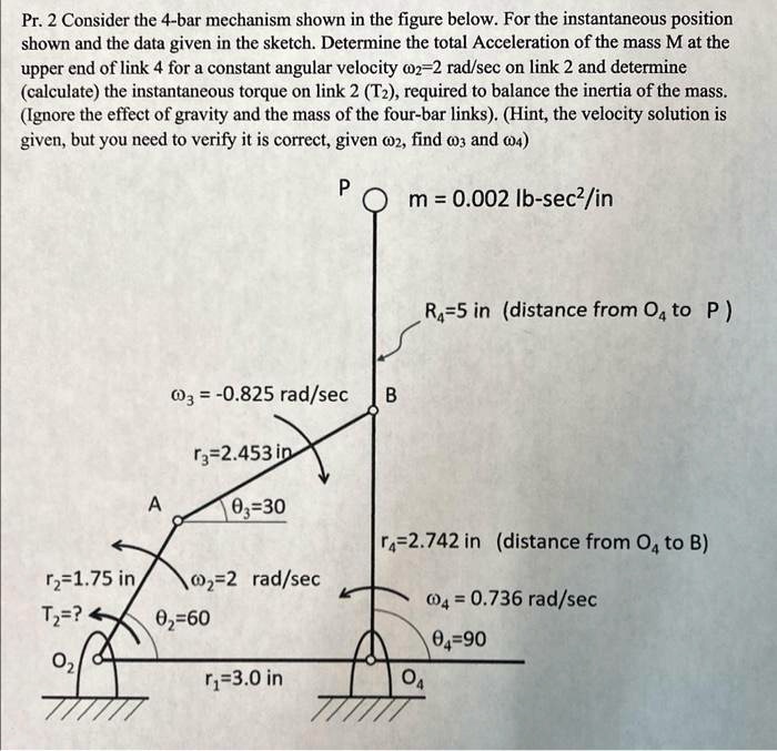 SOLVED: Pr 2: Consider the 4-bar mechanism shown in the figure below ...