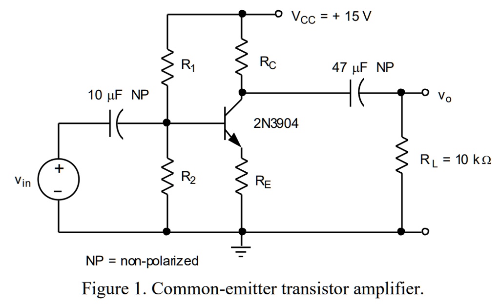 Design a moderate-gain (Av â‰ˆ 10) common-emitter amplifier with stabilized bias, including an ...