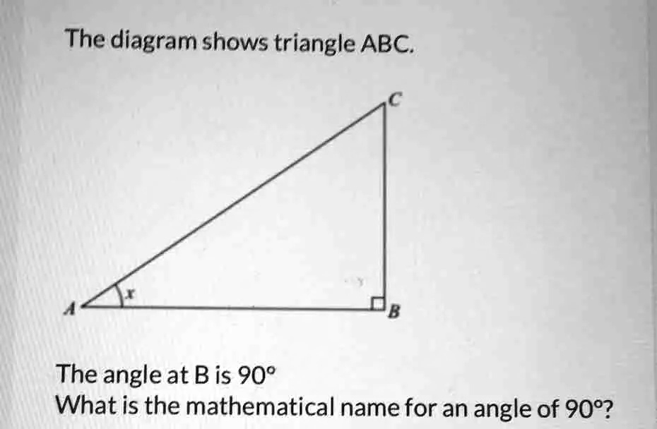 The diagram shows triangle ABC. The angle at B is 90° What is the mathematical name for an angle ...
