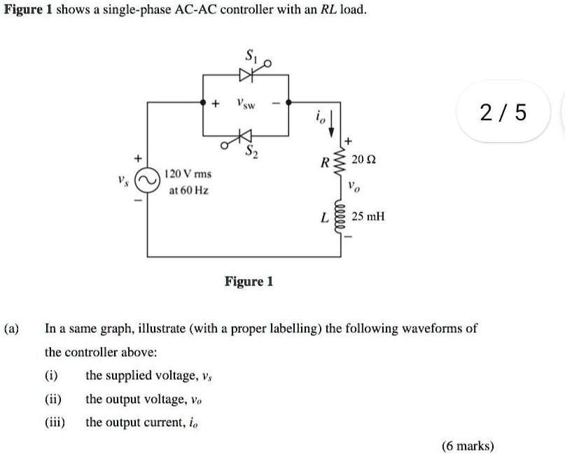 Figure 1 shows a single-phase AC-AC controller with an RL load. S1 + Vsw - +S2 io ++120 V rms Vs ...