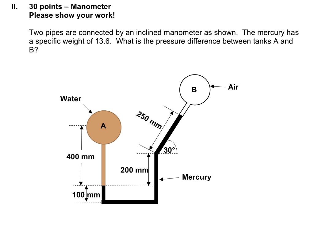 SOLVED: 30 points Manometer Please show your work. Two pipes are connected by an inclined ...