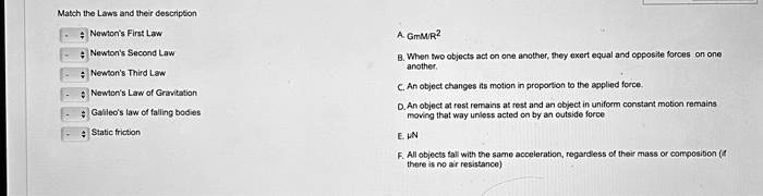 SOLVED: Texts: Match the Laws and their description Newton's First Law ...
